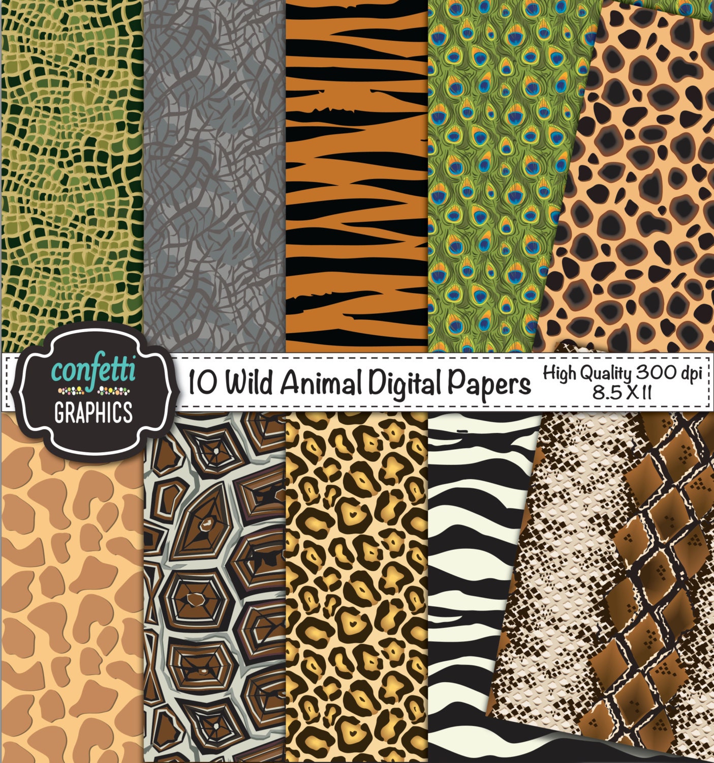 10 Wild Animal Digital Paper Pack Scrapbook Printable | Etsy