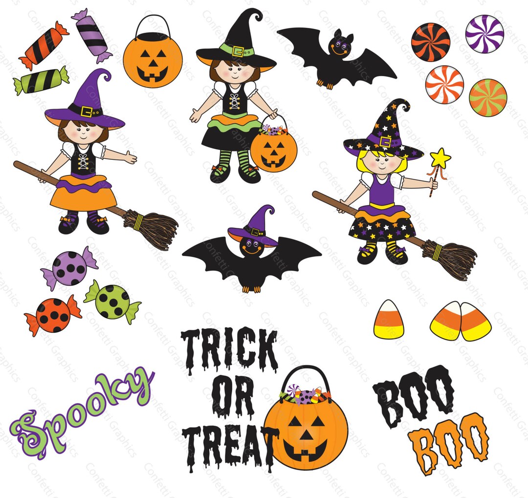 Halloween Clip Art Digital Paper Cute Witches, Bats and Candy Clip Art ...