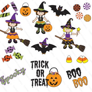 Halloween Clip Art Digital Paper Cute Witches, Bats and Candy Clip Art ...