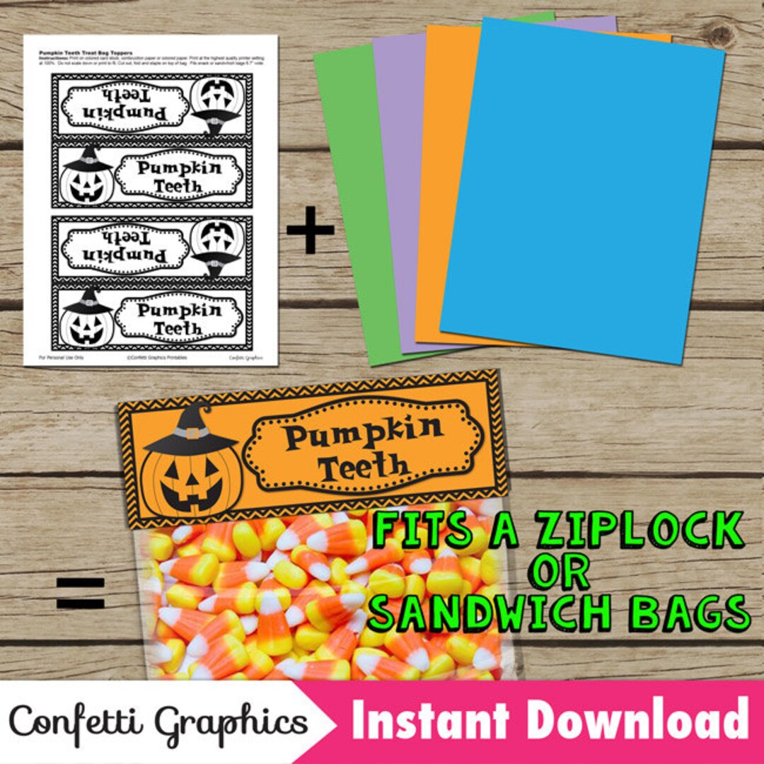 Halloween Toppers, Pumpkin Teeth Treat Bag Topper, Black Line, Pumpkin ...