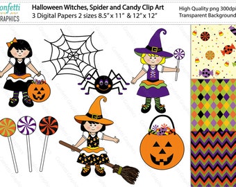 Halloween Clip Art Digital Paper Cute Witches Bats and Candy | Etsy