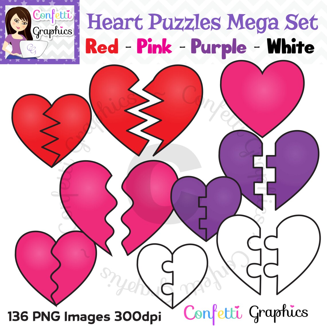 Heart Puzzle Mega Clip Art Set 136 Png Digital Images Red | Etsy