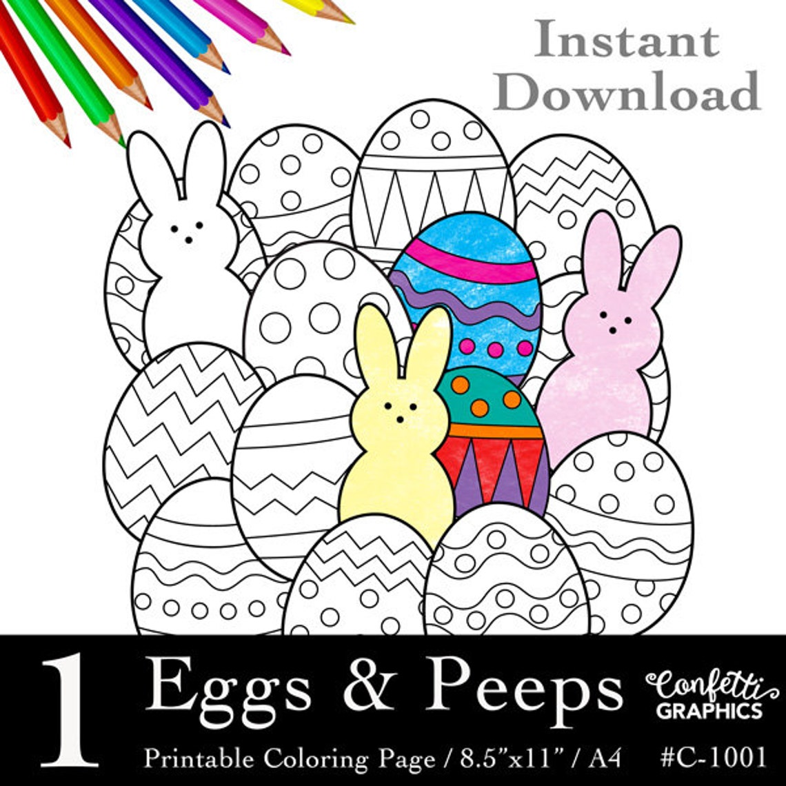 Eggs and Peeps Easter Coloring Page Mandala Colouring Page - Etsy