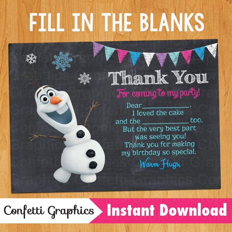 Frozen Birthday Party Olaf Fill in the Blanks Thank You Card - Etsy