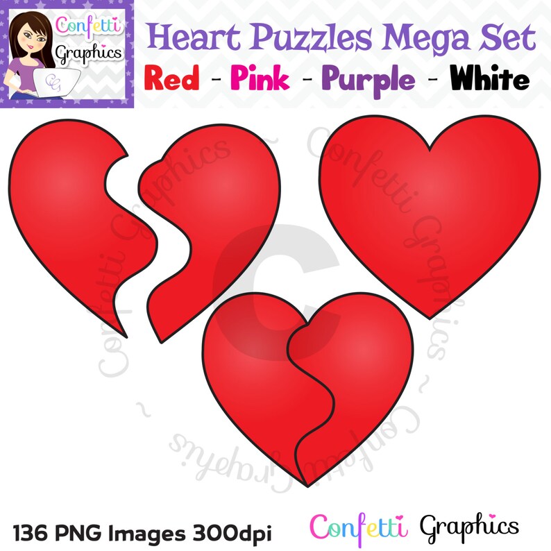 Heart Puzzle Mega Clip Art Set 136 Png Digital Images Red | Etsy