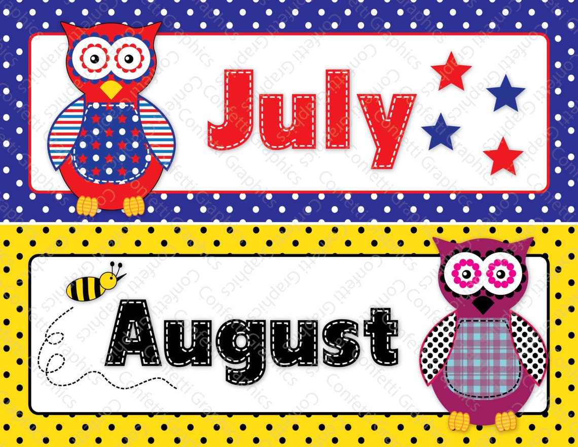 Calendar Months Cards Owl Polka Dot Hobo Stitched Theme Dotted Bright ...
