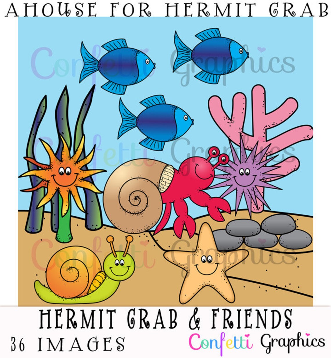 A House for Hermit Crab and Friends Clip Art Snail Starfish | Etsy
