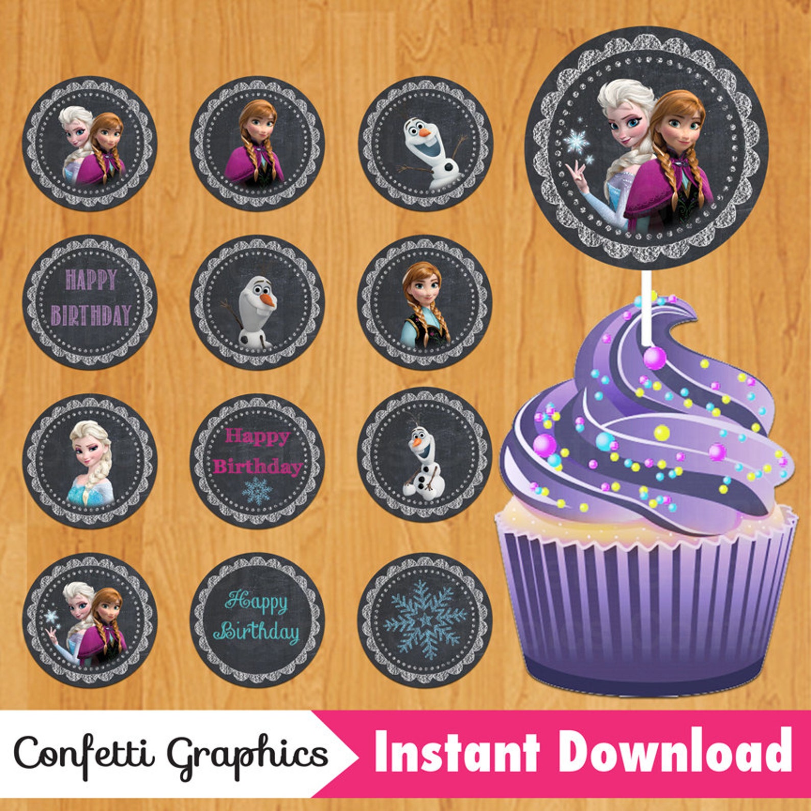 Frozen Party Package Anna Elsa Olaf Birthday Banner Cupcake Topper ...