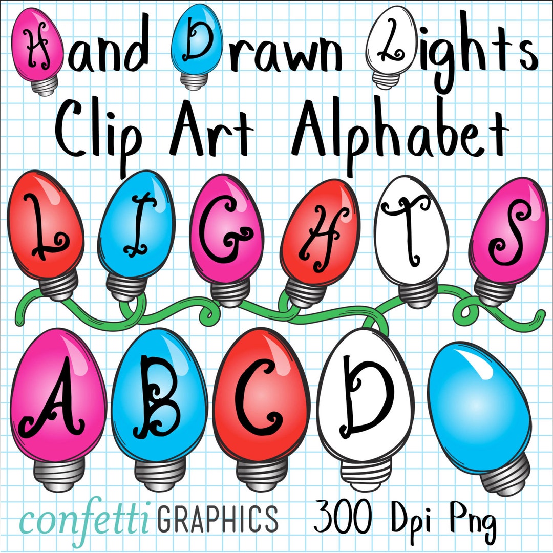 Hand Drawn Holiday Lights Clip Art Alphabet Upper Case Letters Red Aqua ...