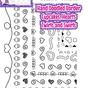 Hand Drawn Doodled Border Set Black & White Hearts Cupcakes Twirls and ...