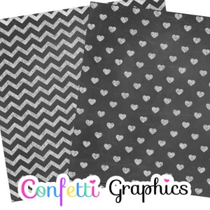 Chalkboard Patterns Digital Paper Pack Dusty Chalk Board Chevron, Heart ...