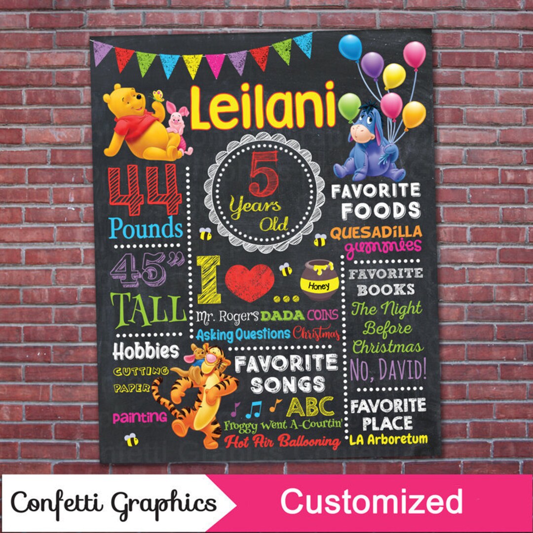 Winnie the Pooh Chalkboard Birthday Sign Poster Any Age Baby's 1 2 3 4 ...