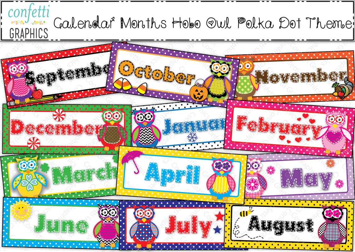 Calendar Months Cards Owl Polka Dot Hobo Stitched Theme Dotted | Etsy