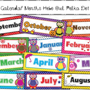 Calendar Months Cards Owl Polka Dot Hobo Stitched Theme Dotted Bright ...