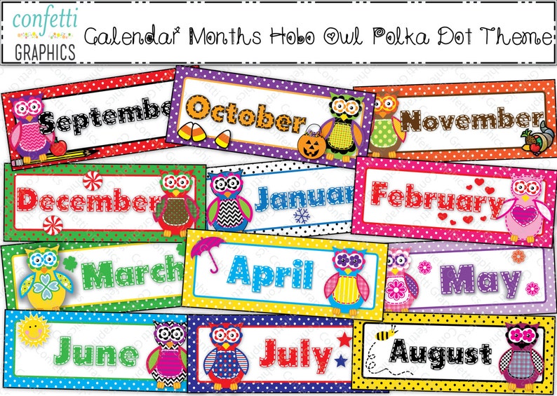 Calendar Months Cards Owl Polka Dot Hobo Stitched Theme Dotted - Etsy