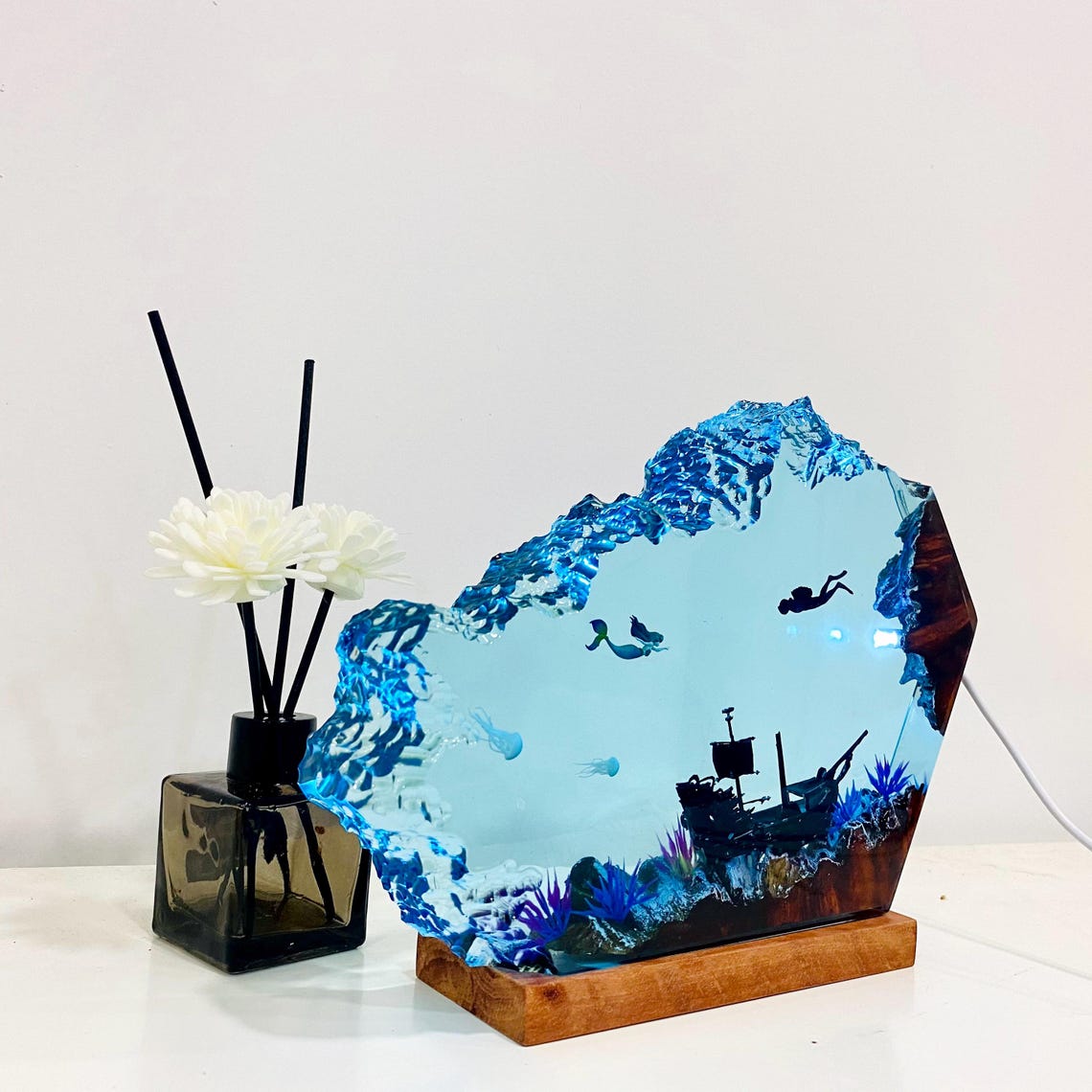 Resin Night Lights, Little Mermaid & Human Epoxy Resin Wood Night Light ...