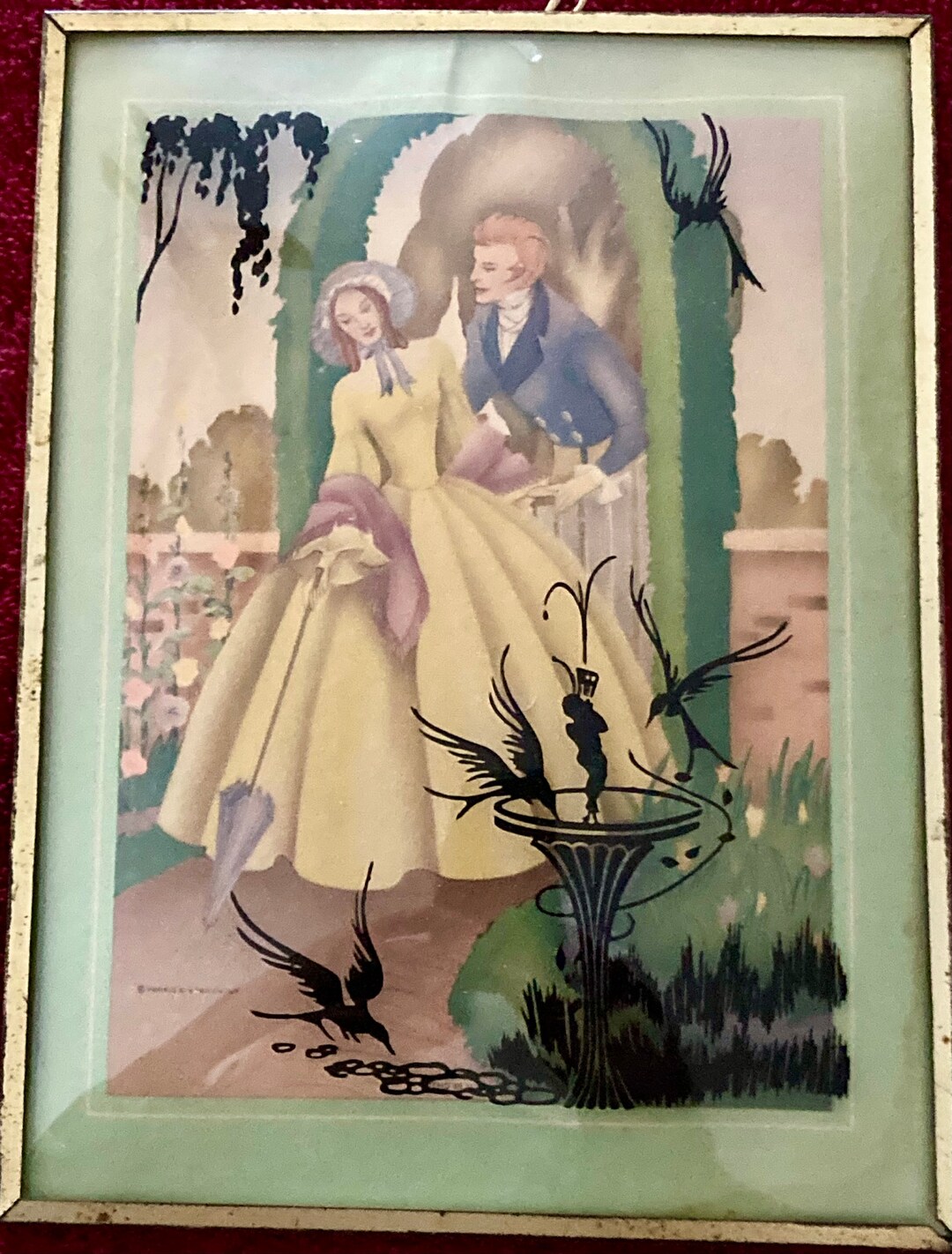 1920s Antique Morris and Bendein Lithograph Reverse Painting: Courting ...