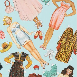Paper Pin Ups Fabric With Blue Background / Alexander Henry / 100% ...