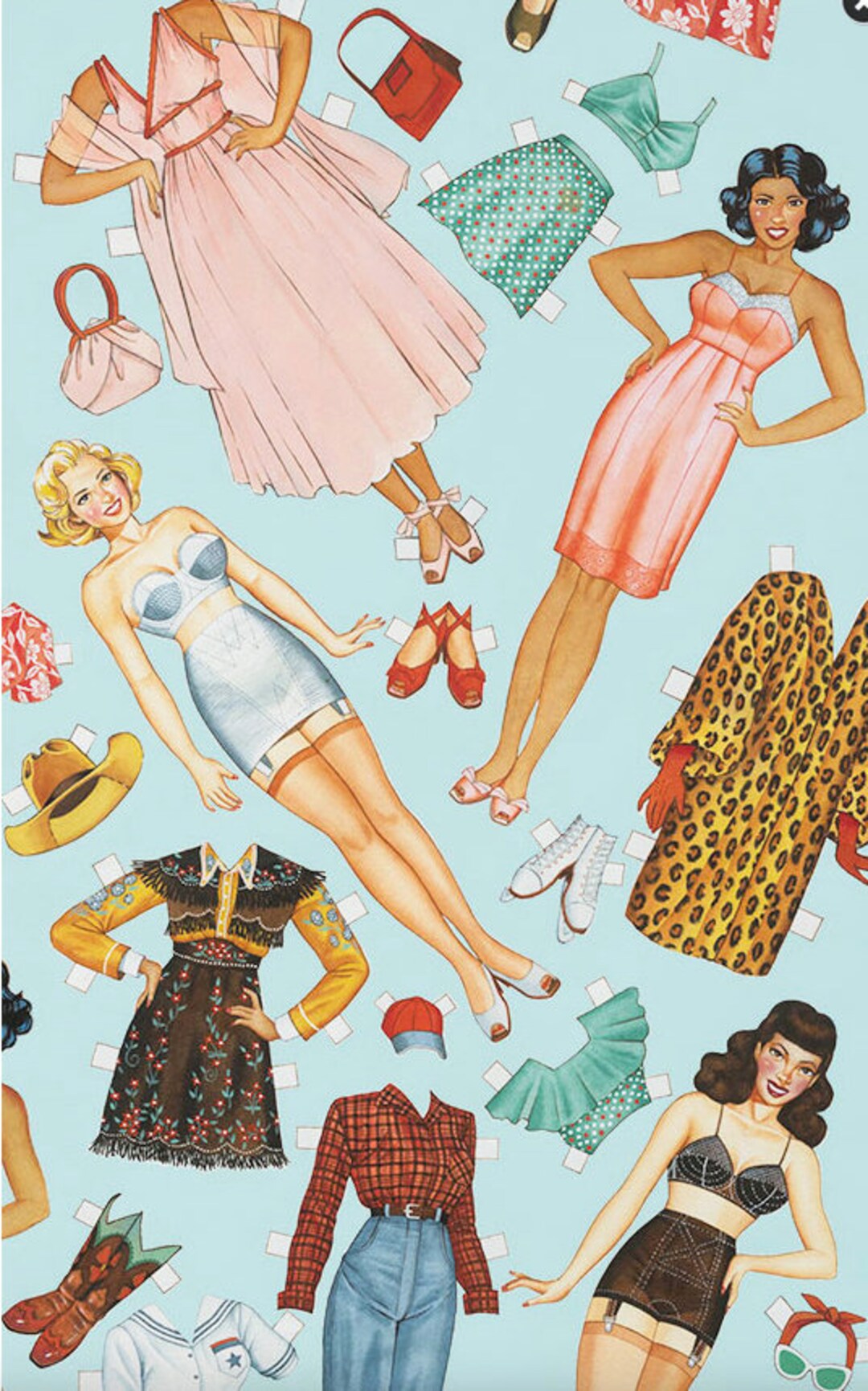 Paper Pin Ups Fabric With Blue Background / Alexander Henry / 100% ...