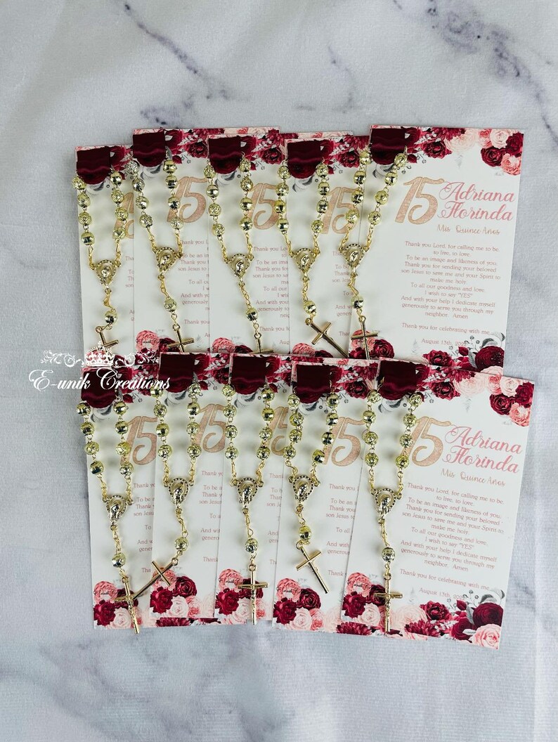 Burgundy Roses Rosary Quinceanera Favors | Personalized Prayer Cards ...