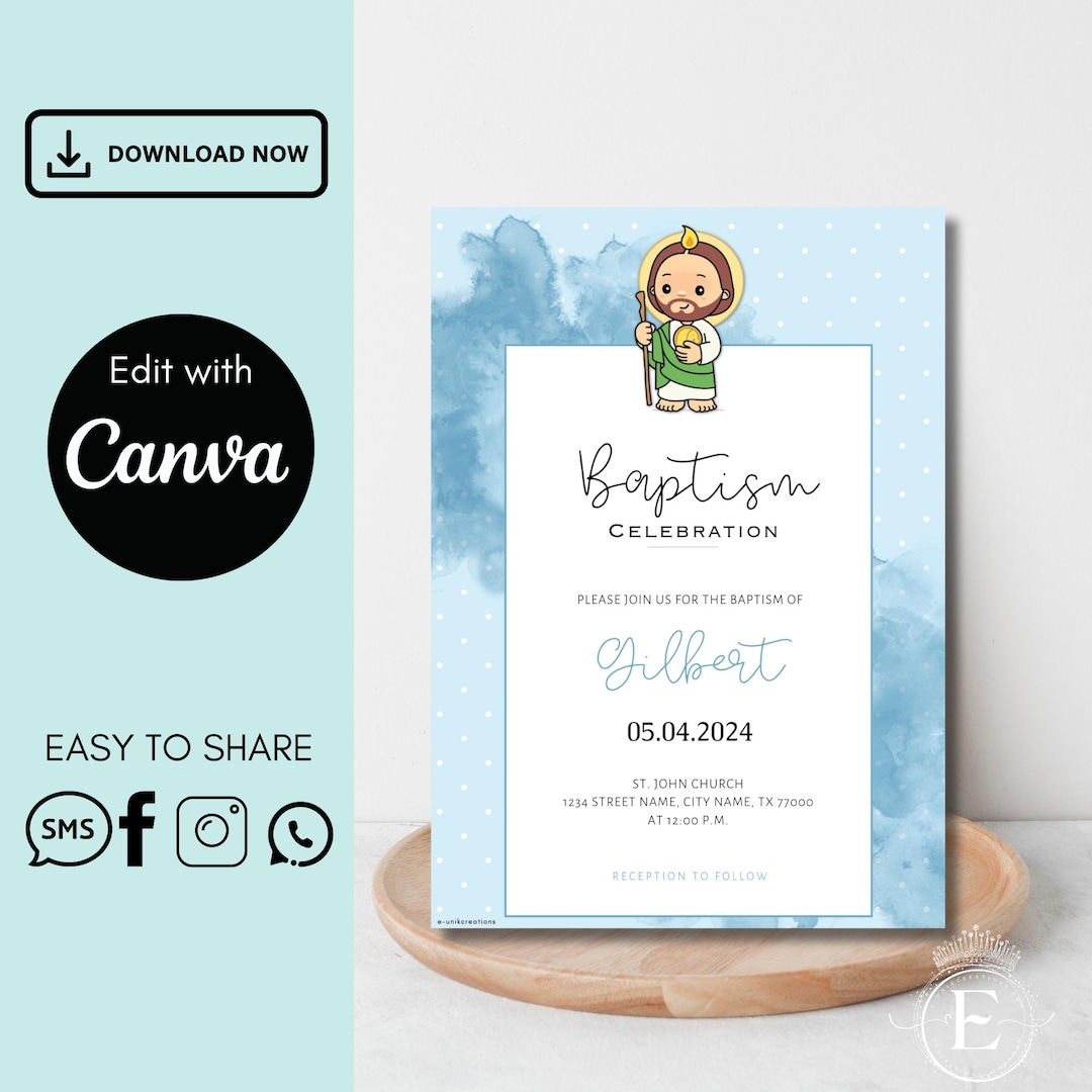 St Jude Thaddeus Baptism Invitations, Canva Digital Invitation Template ...