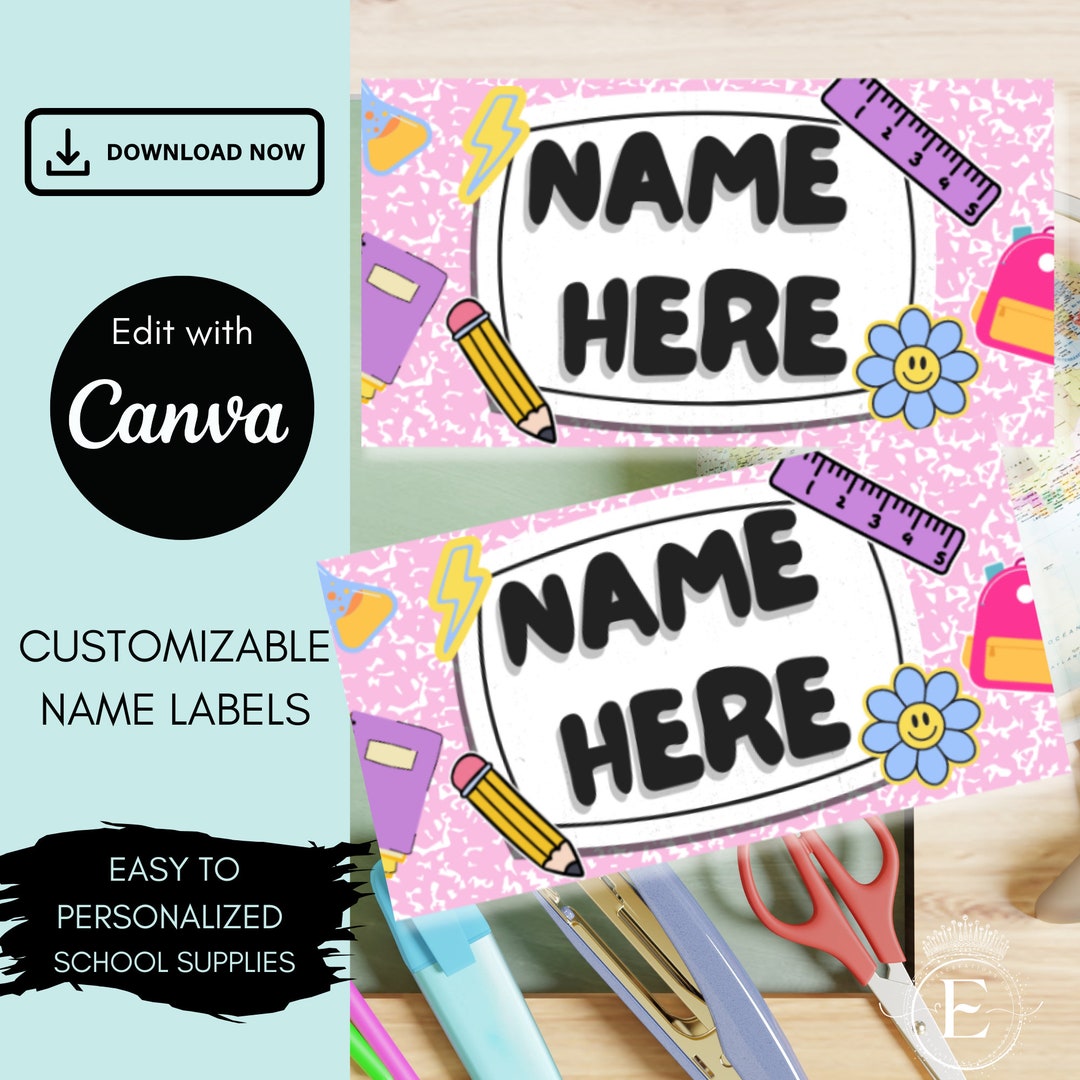 School Supplies Labels, Pink Notebook Design Label, Editable Canva ...