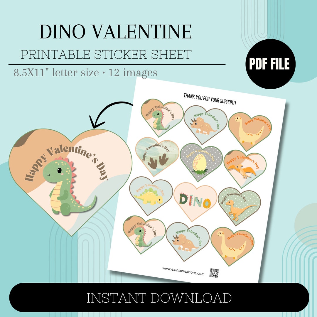 Dinosaur Valentine Printable Sticker, Dino Instant Download Tags, Dino ...