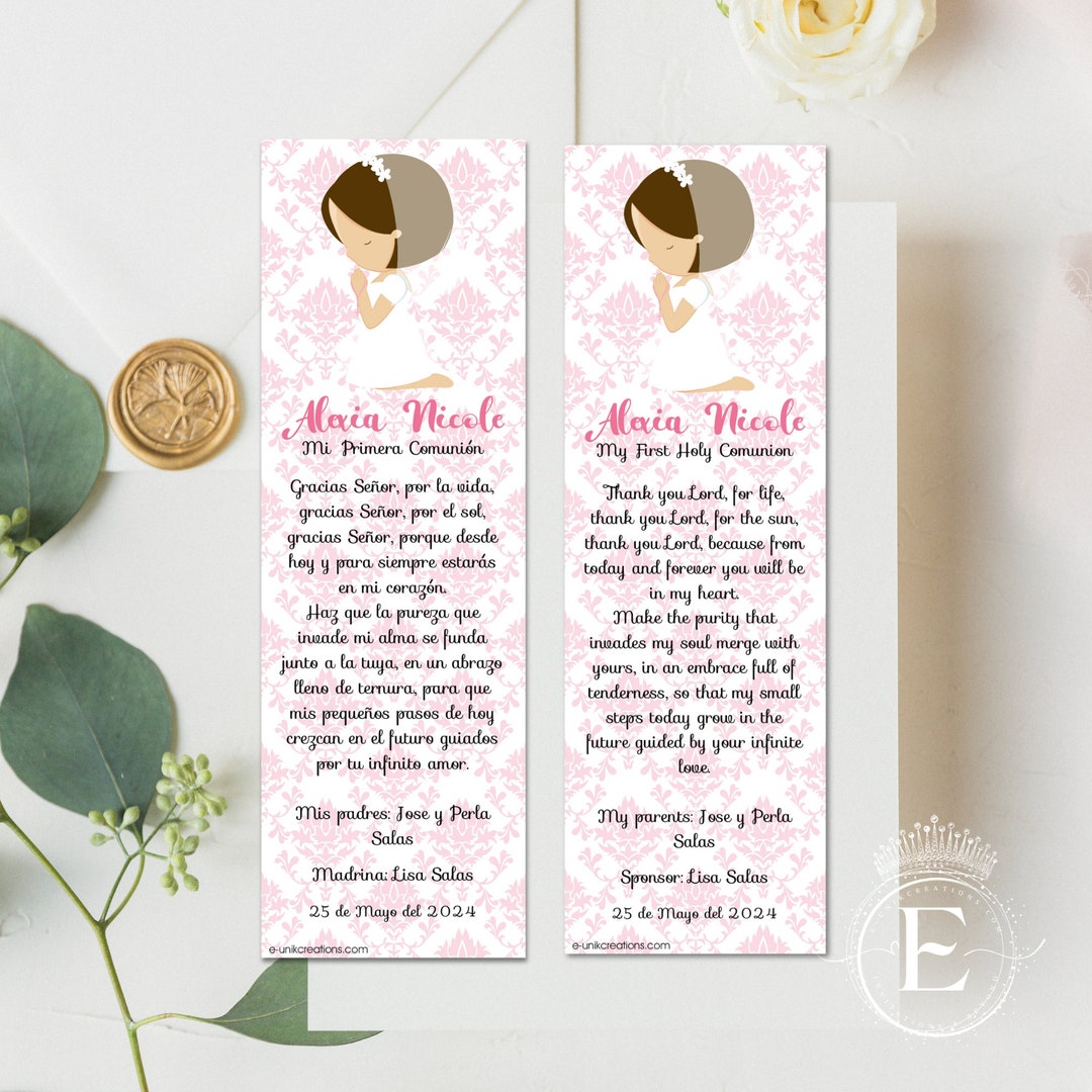 Girl Pink First Communion Bookmark Prayer, First Communion Favors, Girl ...