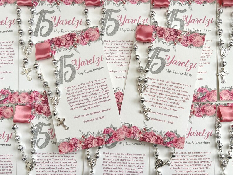 Pink Roses Quinceanera Favors: Prayer Card With Silver Rosary (set of ...