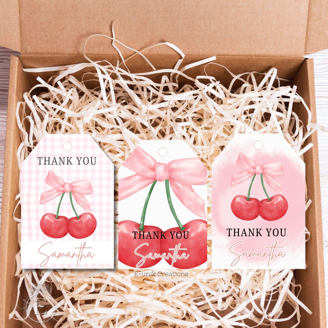 Personalized Cherry Party Favor Tags: Printed Cardstock, Ribbon ...