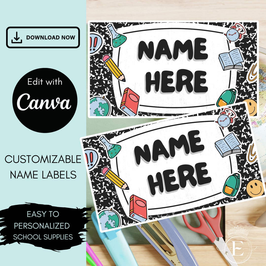 School Supplies Labels Template, Composition Notebook Design Label ...