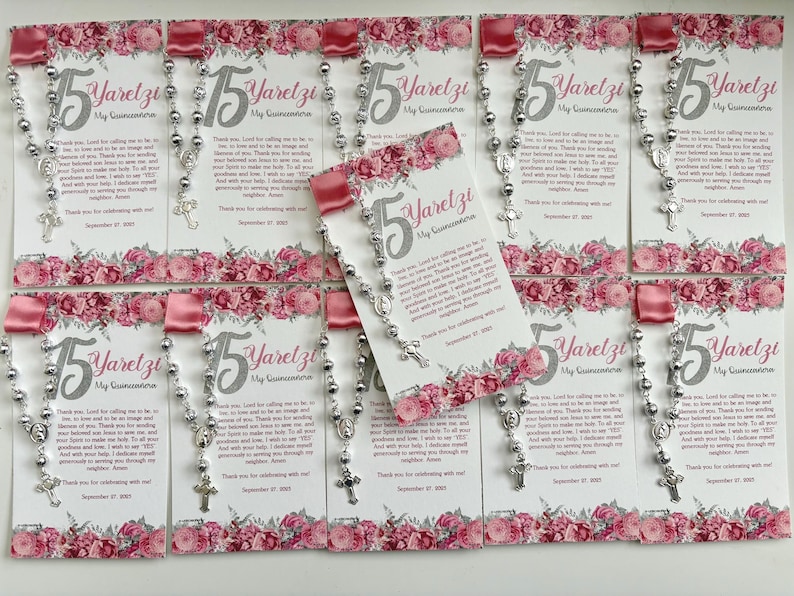 Pink Roses Quinceanera Favors: Prayer Card With Silver Rosary (set of ...