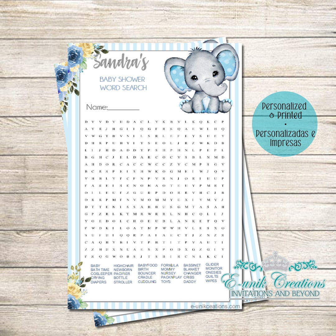 Boy Blue Elephant Baby Shower Games Elephant Word Search - Etsy