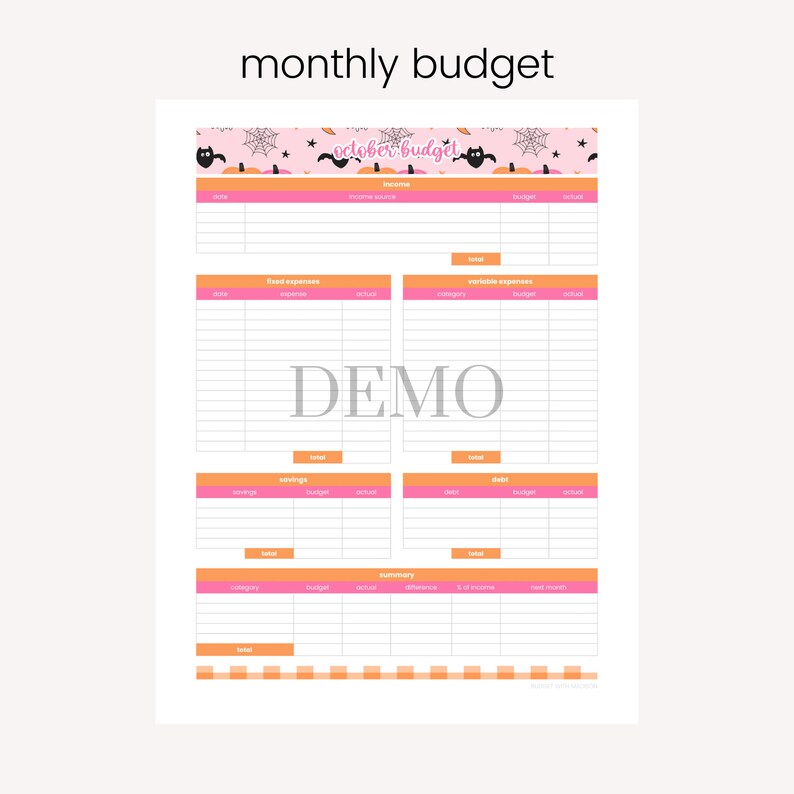 October Budget Kit Calendar Monthly Budget Weekly Check in Paycheck ...