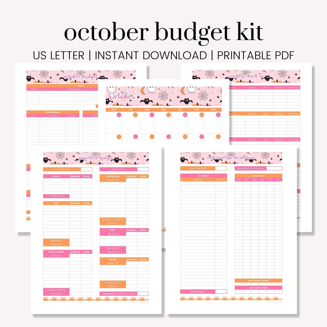 October Budget Kit Calendar Monthly Budget Weekly Check in Paycheck ...