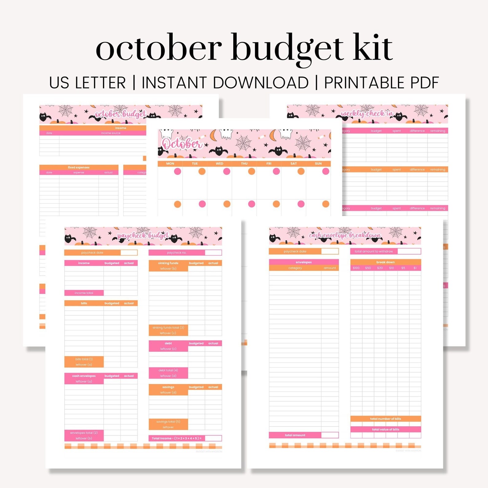October Budget Kit Calendar Monthly Budget Weekly Check in Paycheck ...
