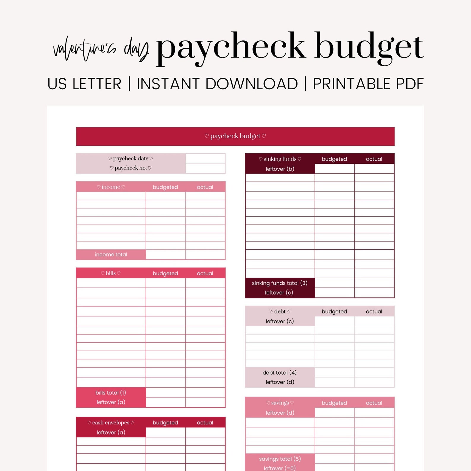 Paycheck Budget Printable valentine's Day Themed | Etsy