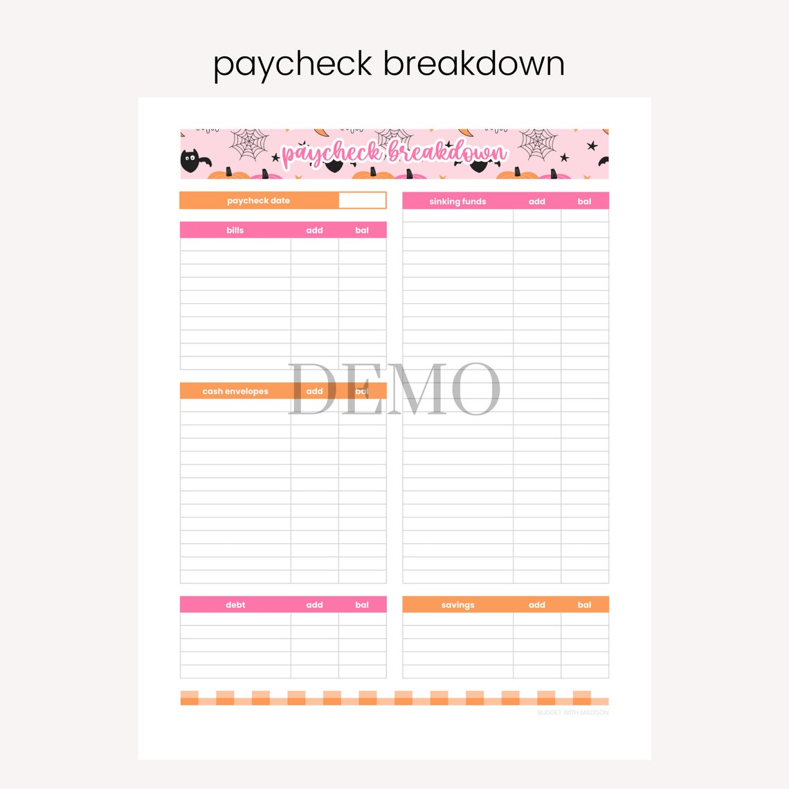 October Budget Kit Calendar Monthly Budget Weekly Check in Paycheck ...