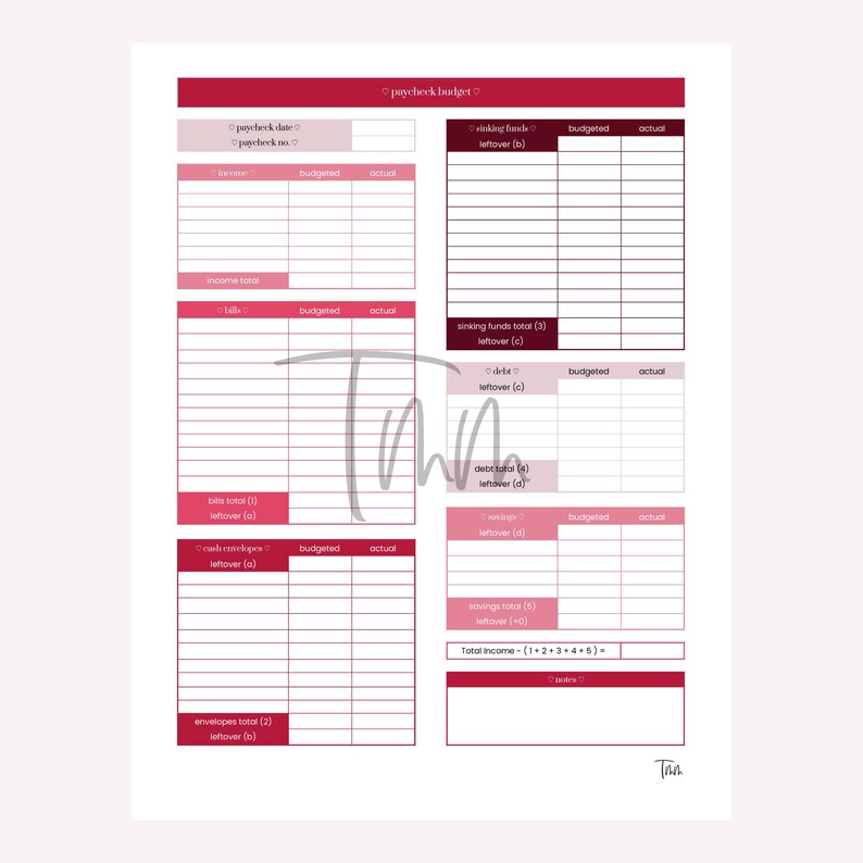 Paycheck Budget Printable valentine's Day Themed | Etsy