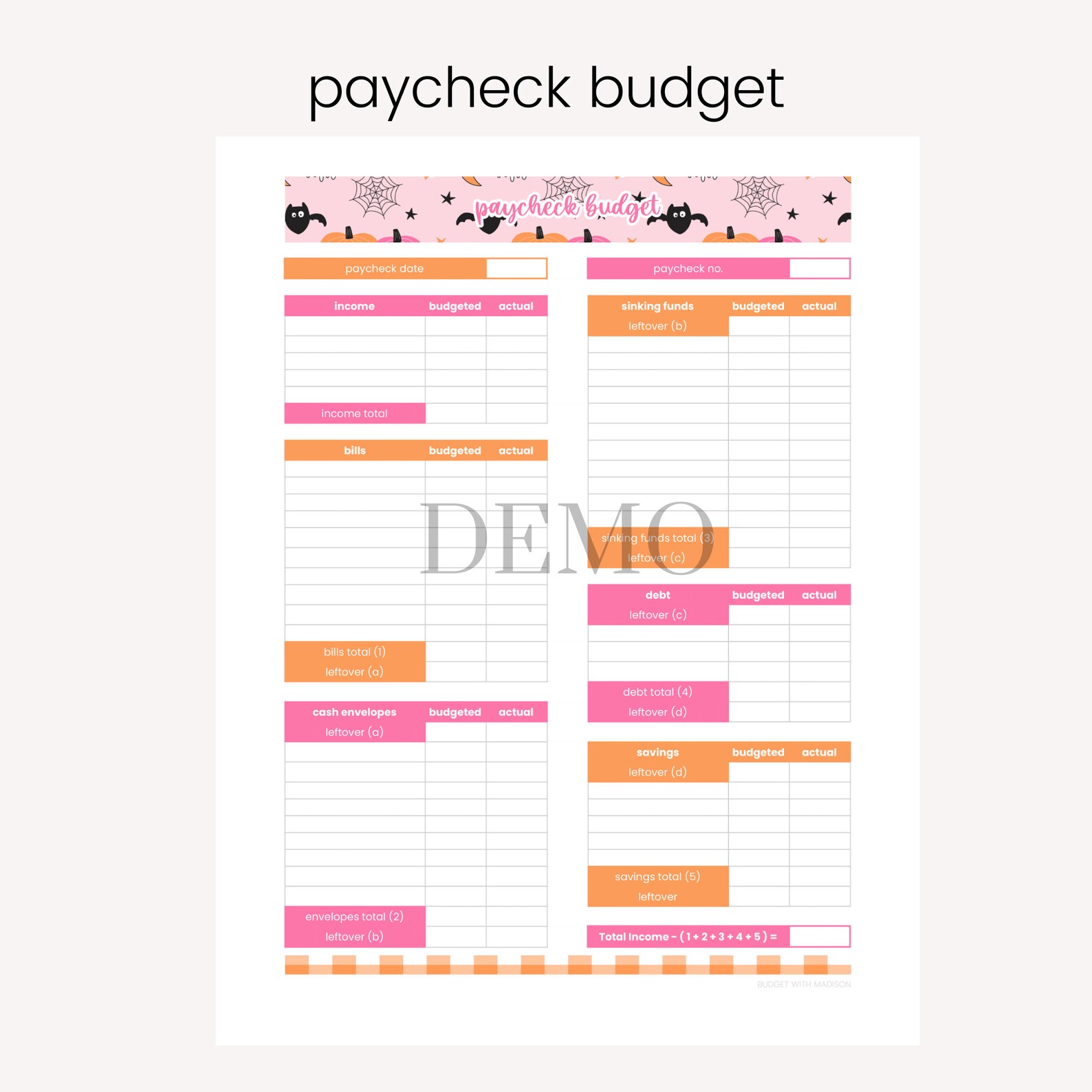 October Budget Kit Calendar Monthly Budget Weekly Check in Paycheck ...