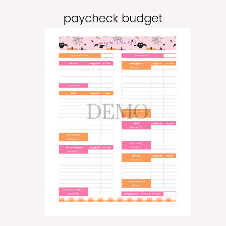 October Budget Kit Calendar Monthly Budget Weekly Check in Paycheck ...