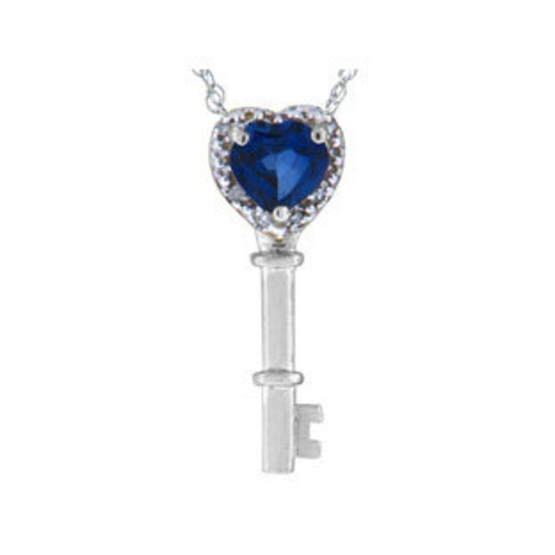 Diamond Blue Sapphire Heart Shaped Key Pendant Necklace White - Etsy