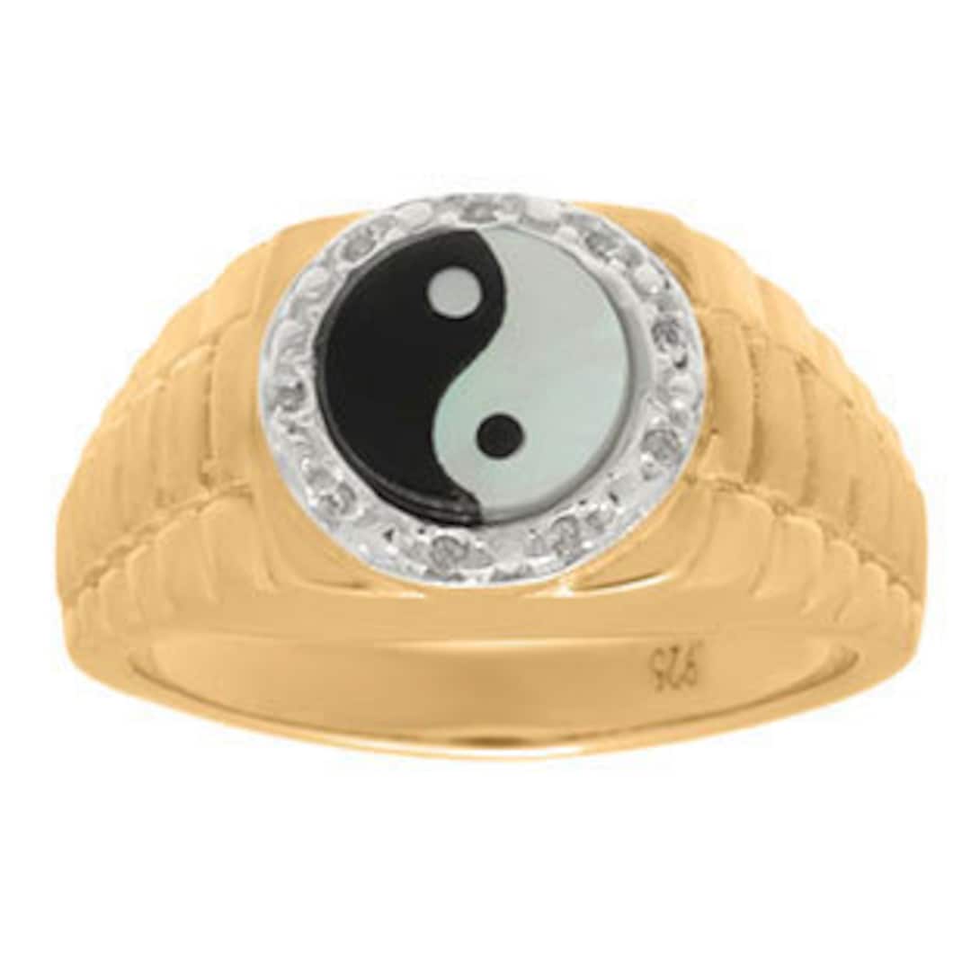 Men's Diamond Onyx Mother-of-pearl Ying Yang Ring in White Rose Yellow ...