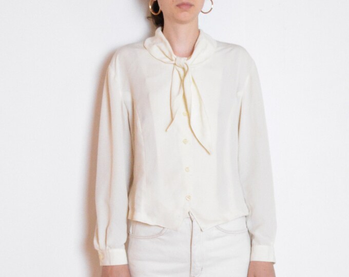 80's Cream White Bow Tie Blouse, Retro Preppy Blouse, Vintage Medium ...