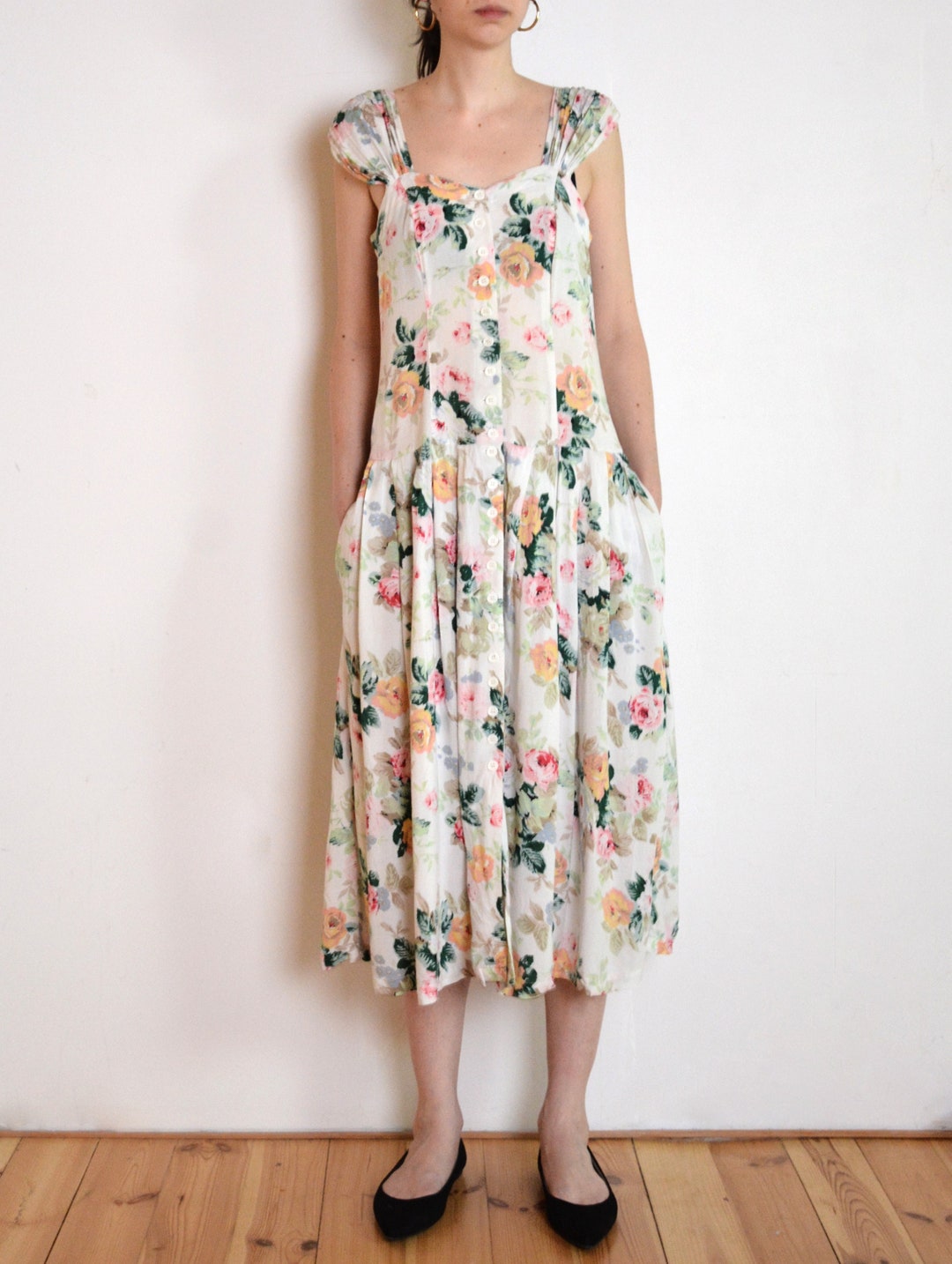 90's Rose Print Midi Dress, Vintage Floral Long Dress, Long Buttoned ...