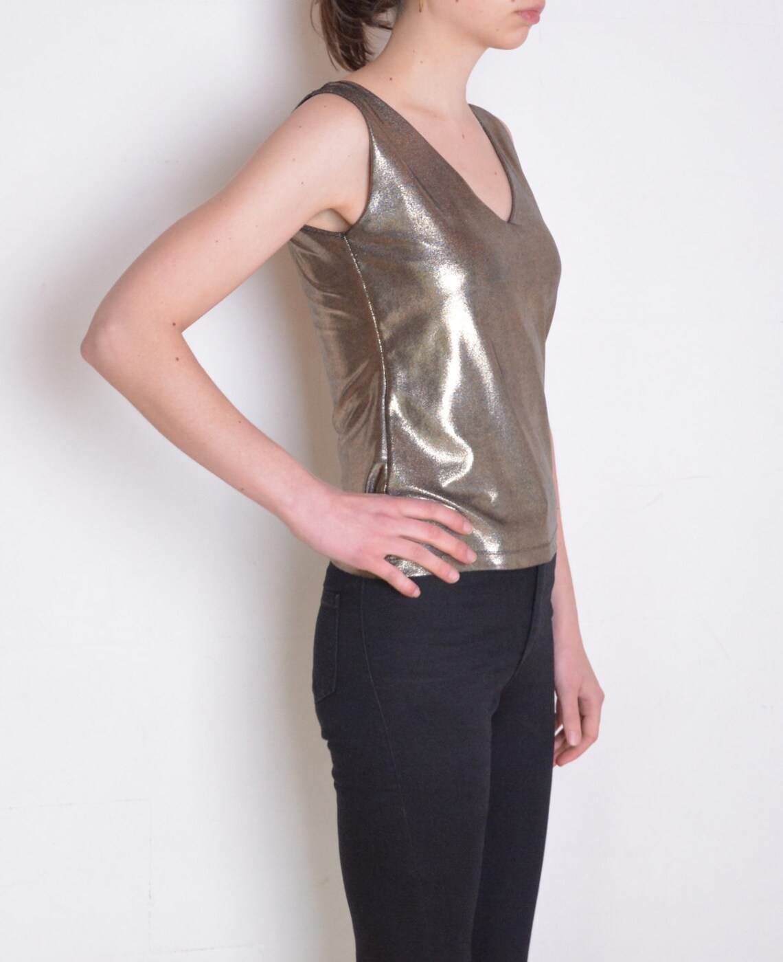 90's golden / silver metallic top wet look lycra blouse | Etsy