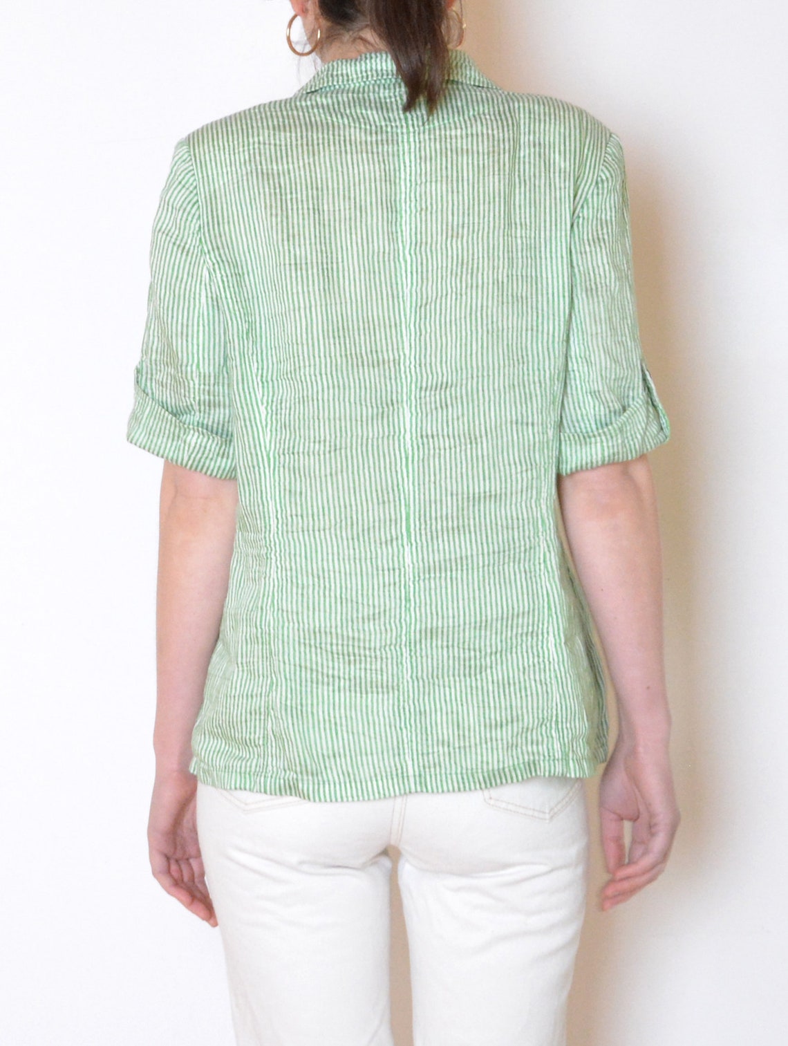 90's Basler Striped Flax Blouse Green and White Short - Etsy