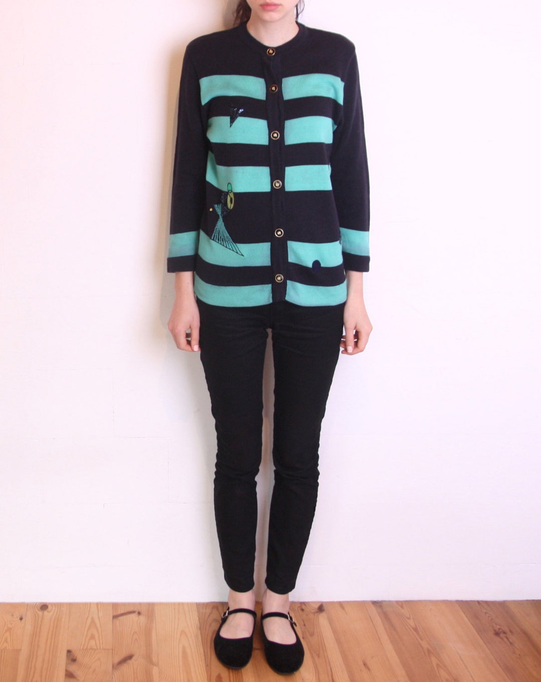 80's Basler Sequined Embroidered Striped Cardigan, Navy Blue and ...