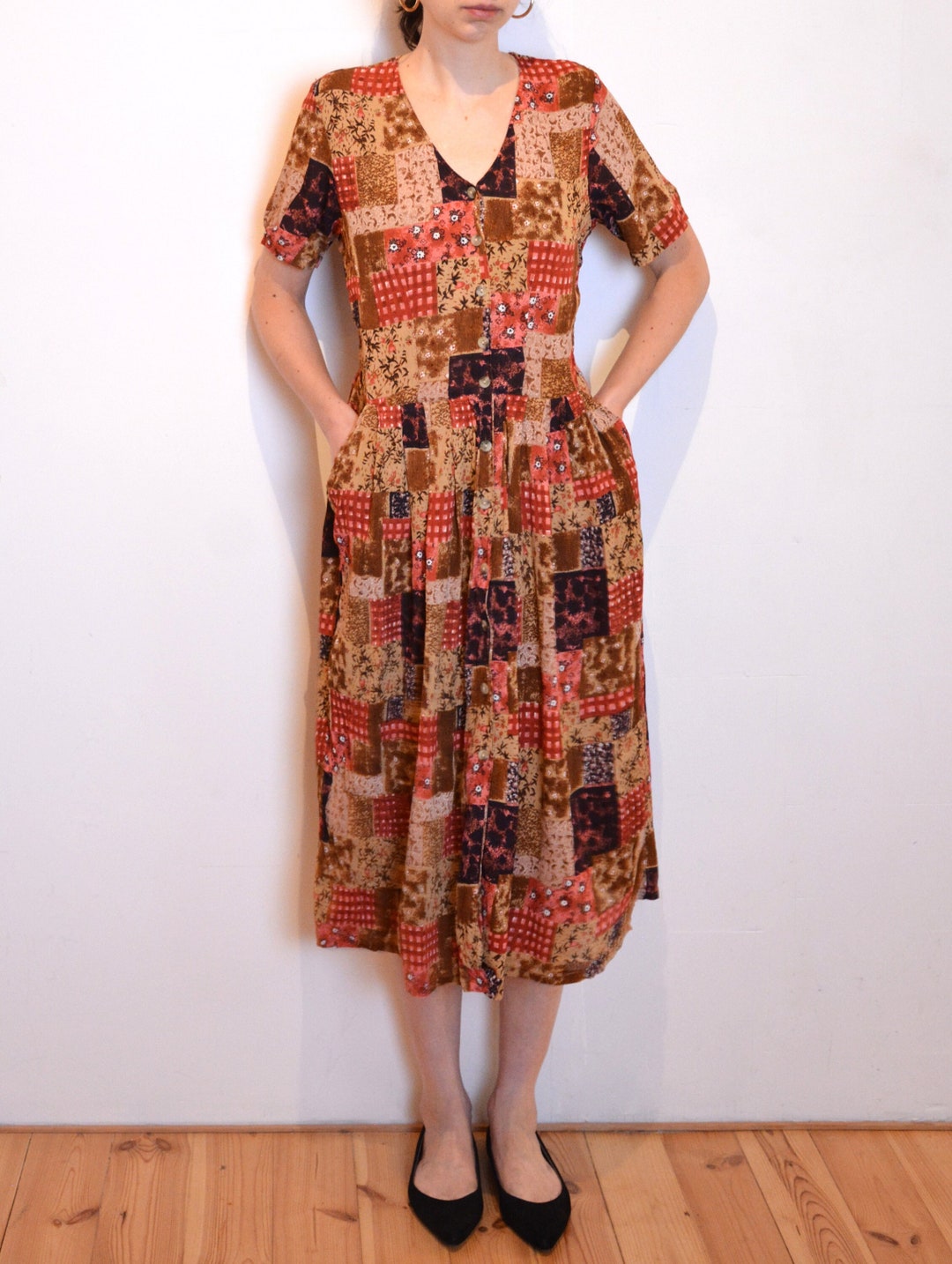 90s Patchwork Pattern Midi Dress, Buttoned Front Grunge Retro ...