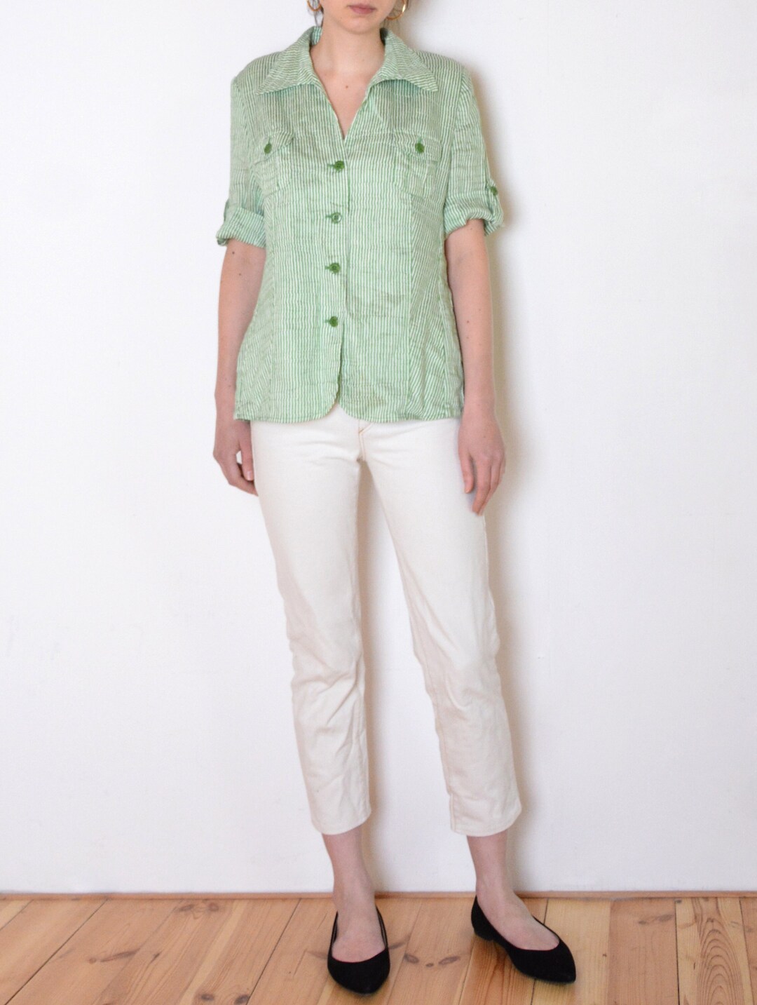 90's Basler Striped Flax Blouse, Green and White Short Sleeves Top ...